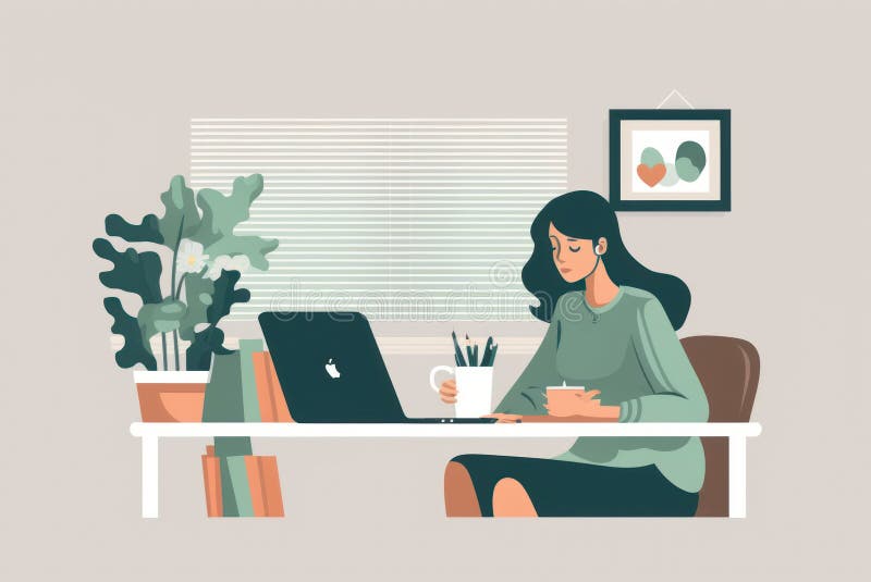 Woman Working on Desk with Laptop Productive Work. Flat Design Stock ...