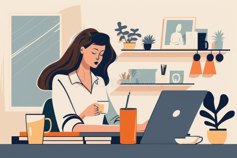 Woman Working on Desk with Laptop Productive Work. Flat Design Stock ...