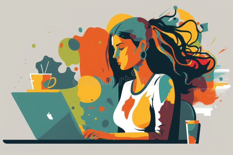 Woman Working on Desk with Laptop Productive Work. Flat Design Stock ...
