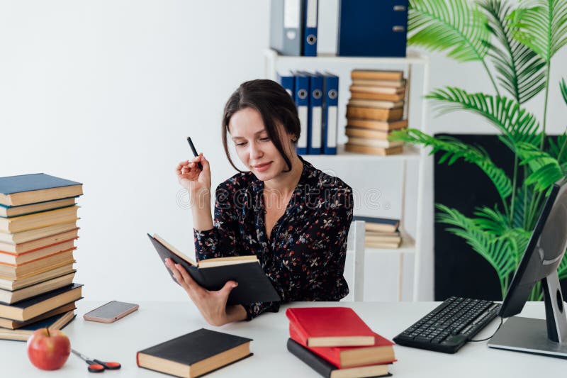 Woman Working at Desk in Office Online Learning Stock Photo - Image of ...
