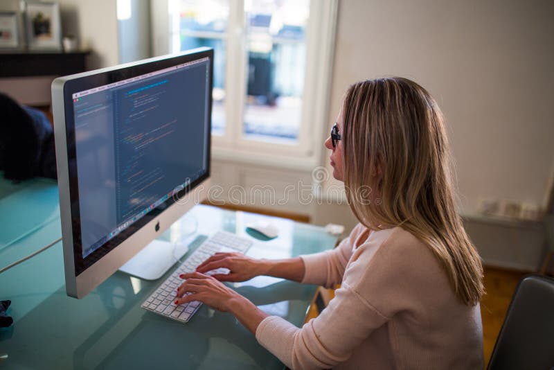 Woman Working On Desktop Computer Stock Image - Image of typing ...