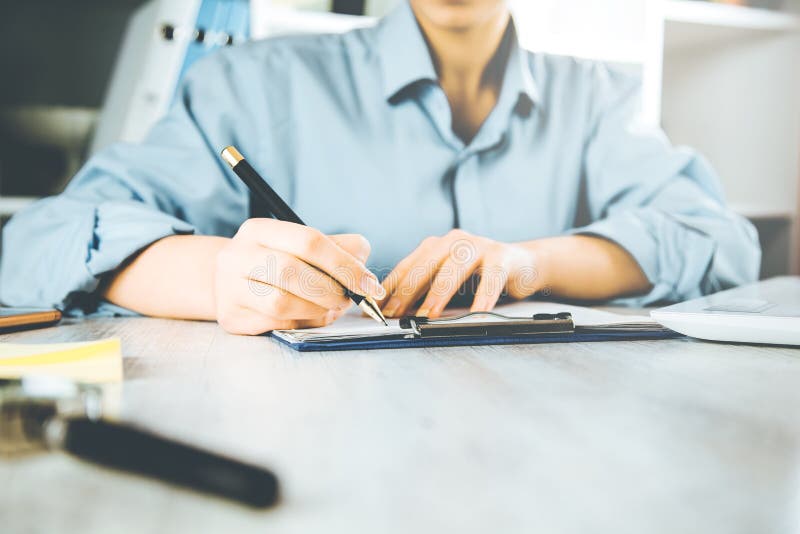 Woman Working in Document and Computer on Desk. Stock Photo - Image of ...