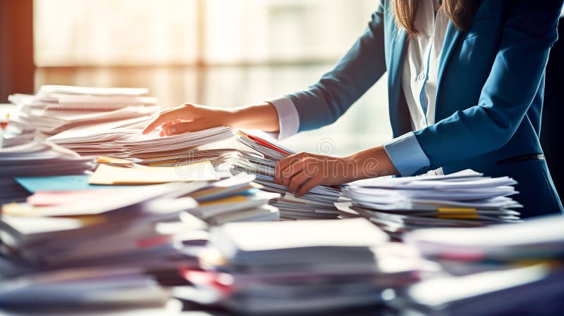 Woman Working with Documents Files. Stack of Paper Sheets on a Work ...