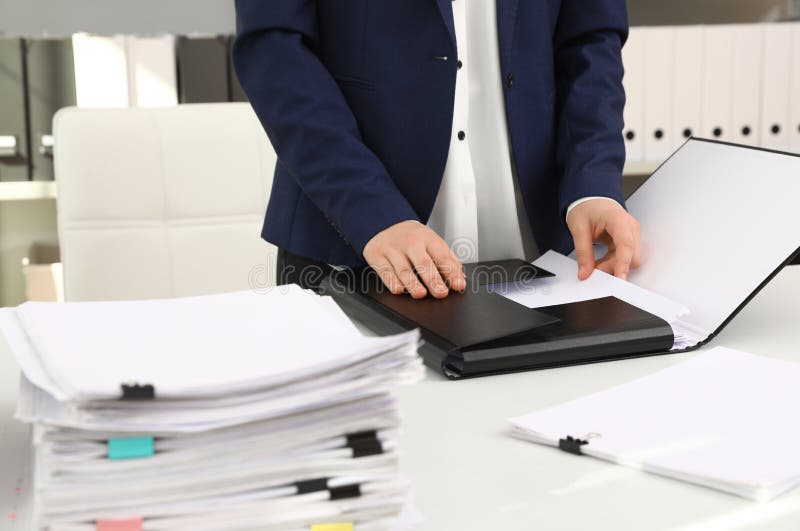 Woman Working with Documents at Table in Office Stock Image - Image of ...