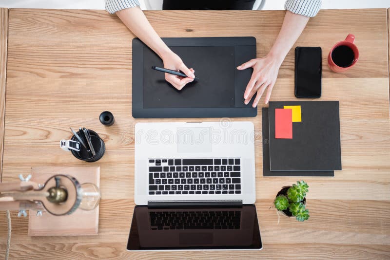 Woman Working with Drawing Tablet and Laptop on Tabletop Stock Photo ...