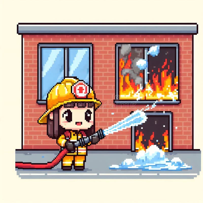 A Woman Working Firefighter, Pixel Art Stock Illustration ...