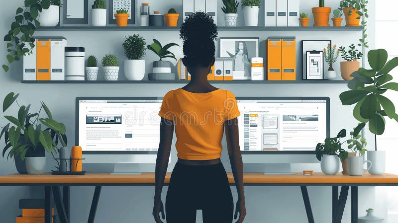 Woman Working from Home at Computer, Back View. Home Office Stock ...