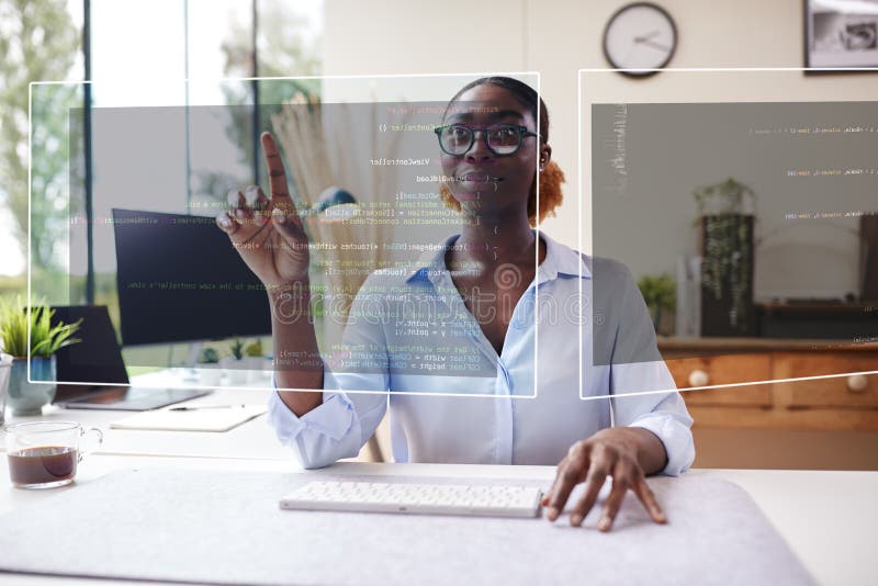 Woman Working from Home Office Looking at Projected Screen Interacting ...