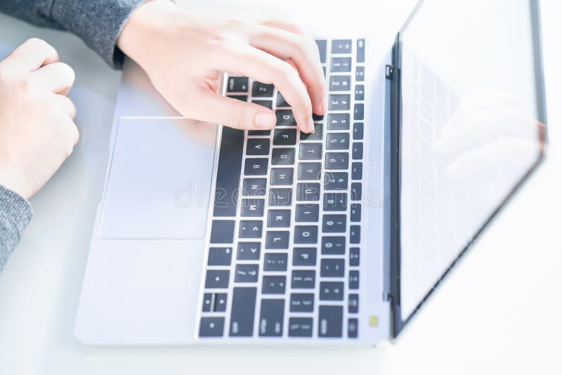 Woman Working at Home Office Using Laptop Searching Web, Browsing ...