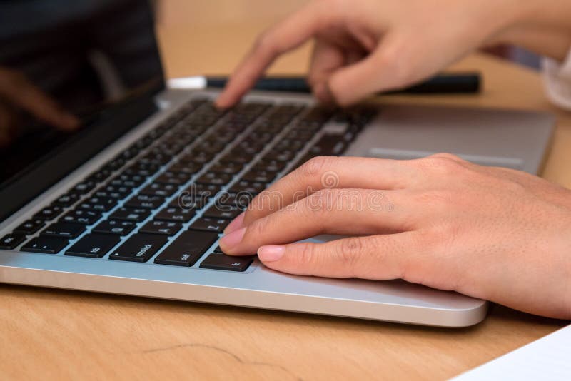 Woman Working at Home and Placing Hand on Keyboard Stock Image - Image ...