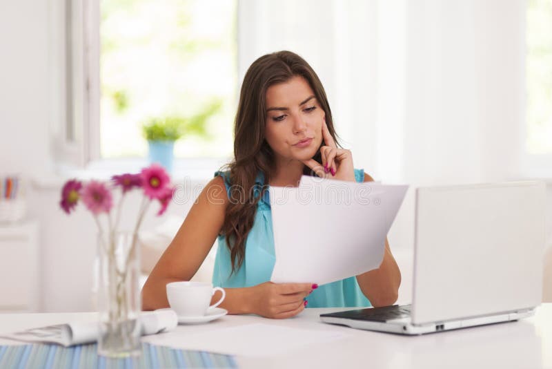 Woman working at home stock photo. Image of flower, home - 32529424