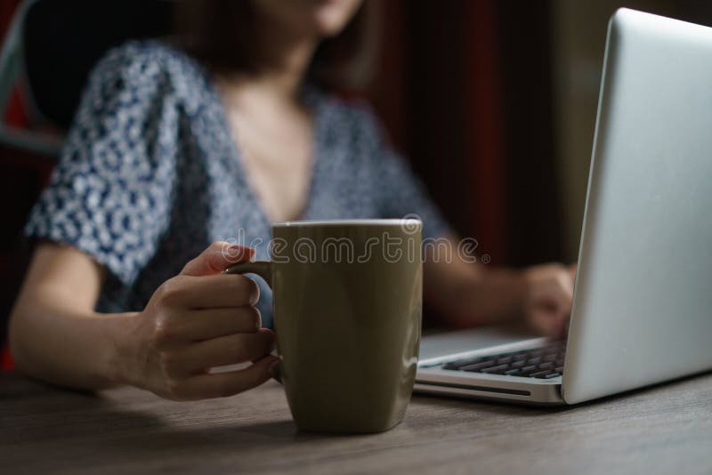 Woman Working from Home Using Computer and Drinking Cup of Tea, Closeup ...