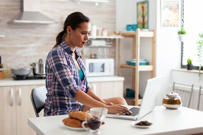 Woman working from home stock photo. Image of kitchen - 202530424