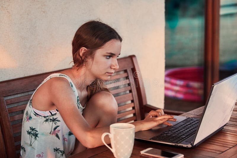 Woman Working at Home, Using Portable Computer Stock Photo - Image of ...