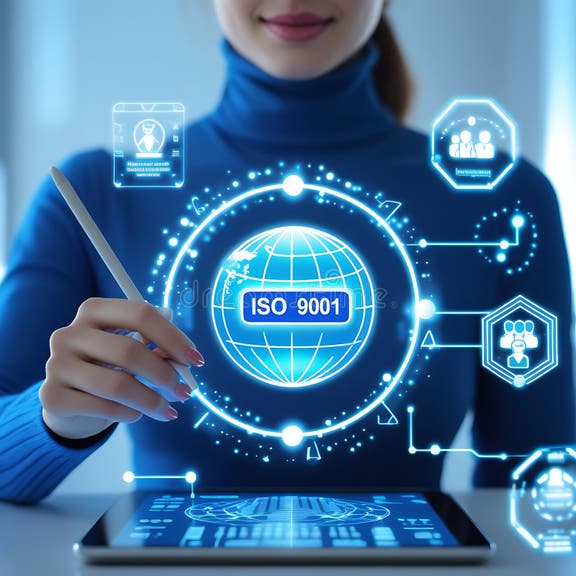 Woman Working with Iso 9001 Certification Digital Interface on a Tablet Device Stock ...