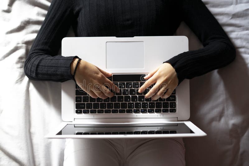 Woman Working with the Laptop in Bed Stock Image - Image of typing ...