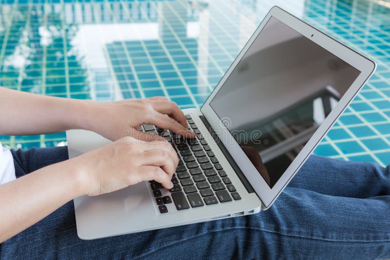 Woman Working with Laptop Computer Sitting at Stock Image - Image of ...
