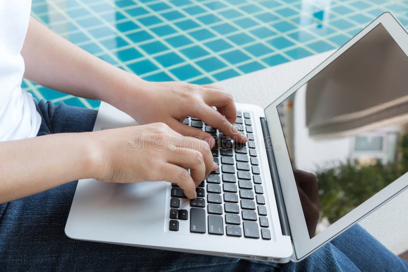 Woman Working with Laptop Computer Sitting Stock Photo - Image of ...