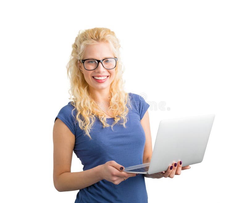 Woman Working on Laptop Computer and Smiling Stock Photo - Image of ...