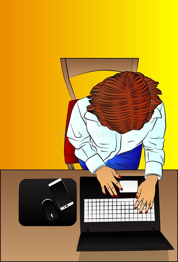 Woman Working on a Laptop Computer from Top View. Stock Vector ...