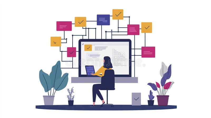 Woman Working on Laptop with Connected Checklist Tasks on Screen Stock ...
