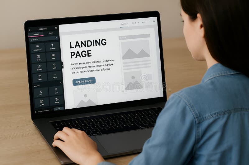 Woman Designing Website Landing Page on Laptop Using UI Builder with Drag-and-drop Elements ...