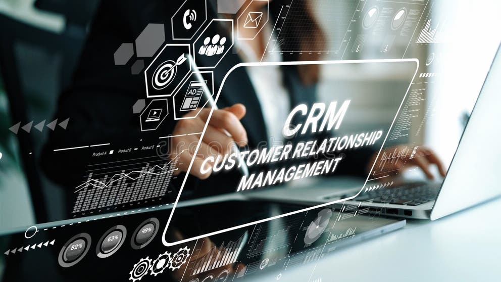 Woman Working on Laptop with CRM Interface and Data Analytics for ...