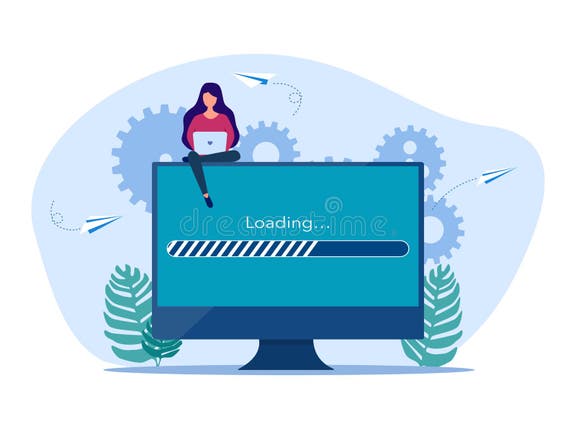 Woman Working with Laptop with Data Loading Bar. Online Data Loading ...