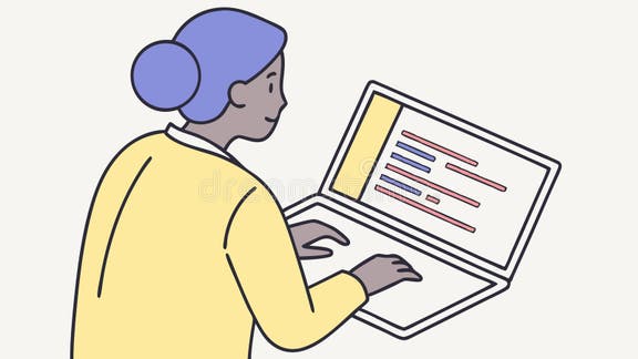 Woman Working on a Laptop, Digital Tasks and Efficient Workflow, Vector ...