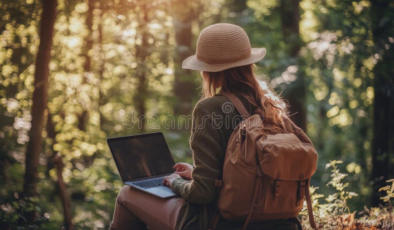 Woman Working on Laptop in Forest: Remote Work and Nature Connection ...