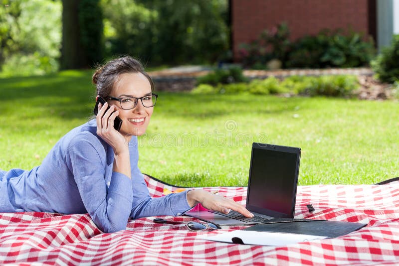 Woman Working on Laptop in Garden Stock Image - Image of nature ...