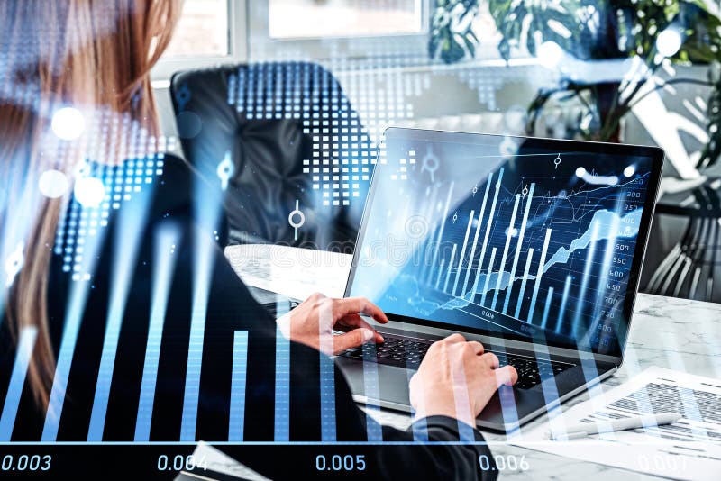 Woman Working with Laptop, Graph Changes Lines and Bars with Earth Map ...