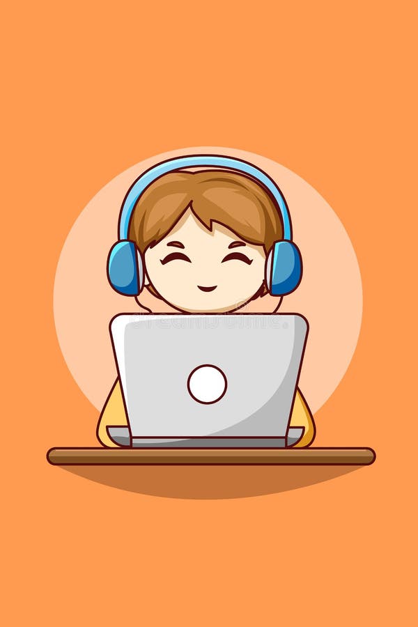 Woman Working with Laptop and Headset Cartoon Illustration Stock Vector ...