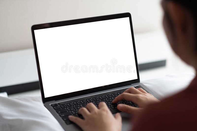 Woman Working on Laptop with White Screen in Bedroom at Home Stock ...