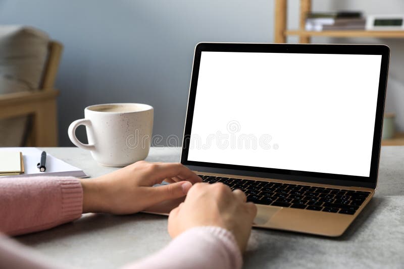 Woman Working on Laptop at White Table, Closeup. Mockup for Design ...