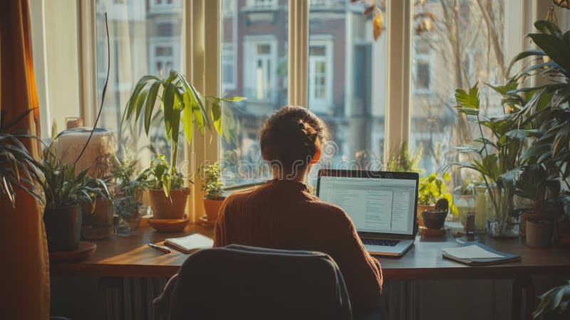 Woman Working on Laptop by Window with Plants Stock Illustration ...