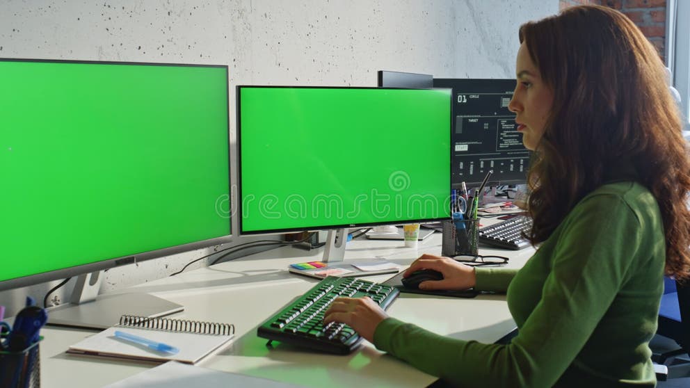 It Woman Working Mockup Computer in Center Closeup. Serious Programer ...