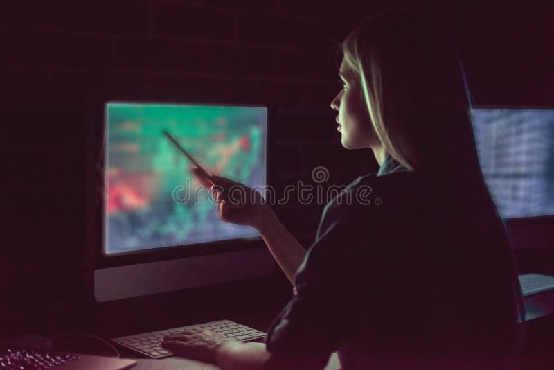Attractive Young Woman Working on Coworking Office at Night. Girl Using ...