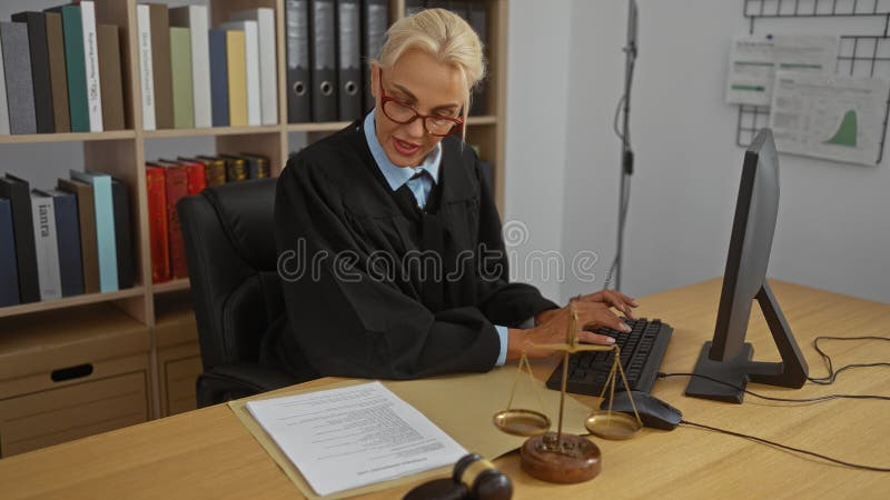 Woman Working in Office As Judge, Typing on Computer with Documents and ...