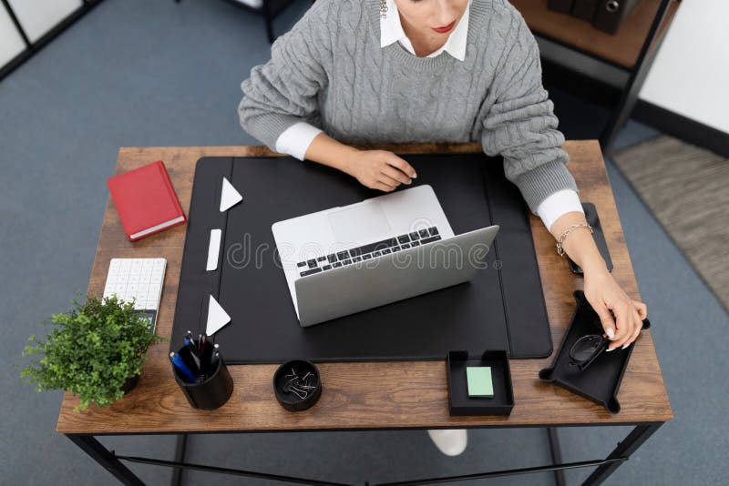 Woman Working at Office Desk Top View Stock Image - Image of corporate ...
