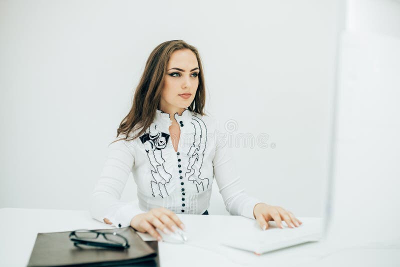 Woman Working in Office, Sitting at Desk, Using Computer Stock Image ...