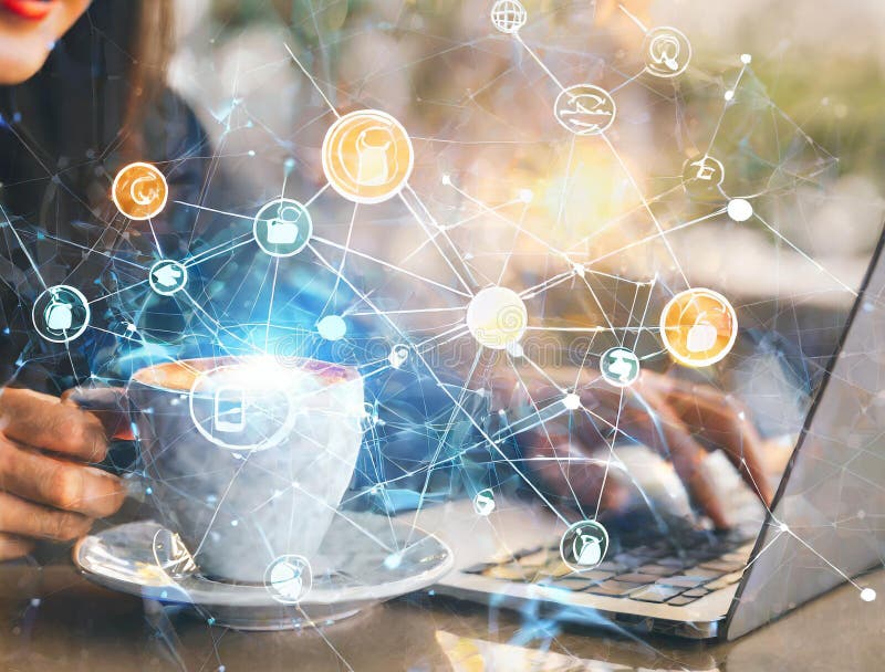 Woman Working with PC while Drinking Coffee for the Concept of ...