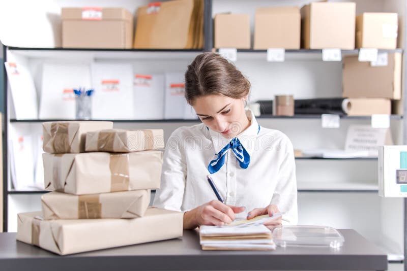 Woman Working at the Post Office Stock Image - Image of carton ...