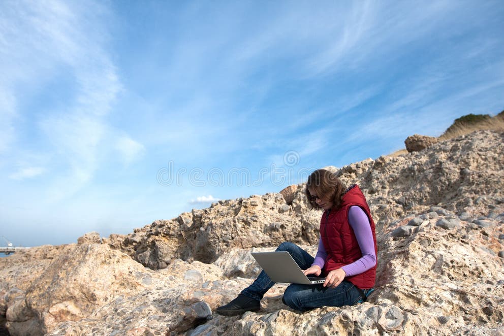 Woman Working at the Seaside Stock Photo - Image of relaxation ...