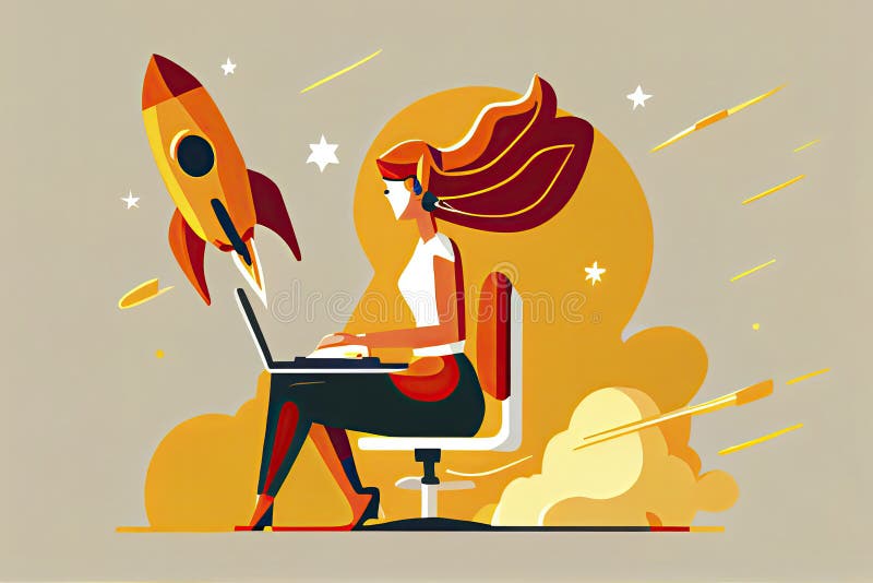 Woman Working on Startup Vector Illustration. Lady Using Laptop for ...
