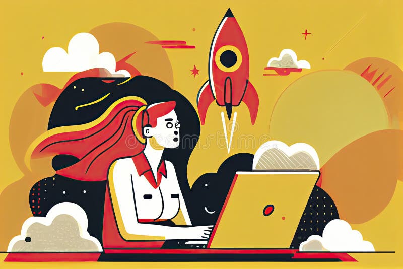 Woman Working on Startup Vector Illustration. Lady Using Laptop for Work Idea Flat Style Stock ...