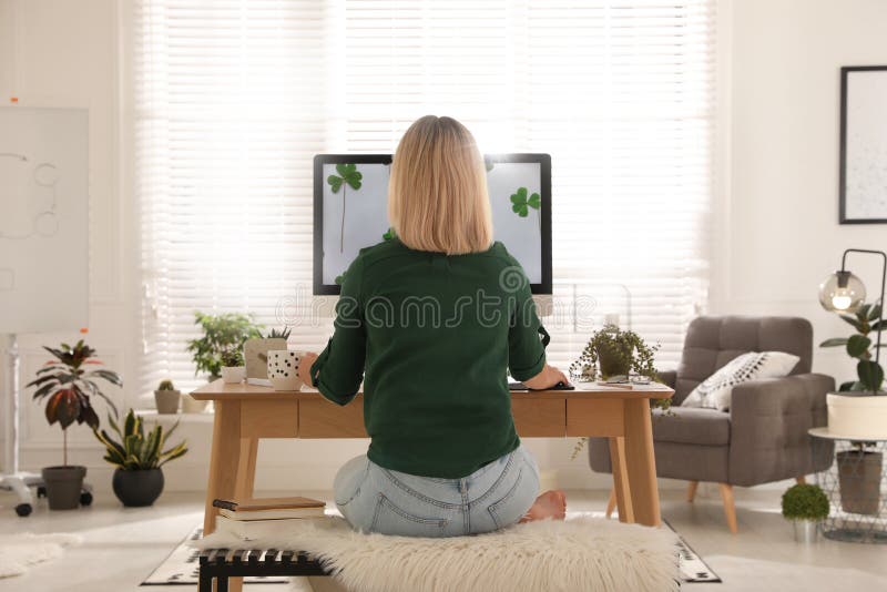 Woman Working at Table in Light Room, Back View. Home Office Stock ...