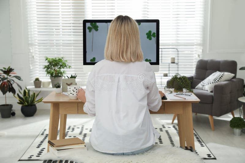 Woman Working at Table in Light Room, Back View. Home Office Stock ...