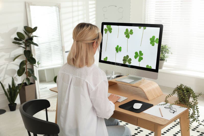 Woman Working at Table in Light Room, Back View. Home Office Stock ...