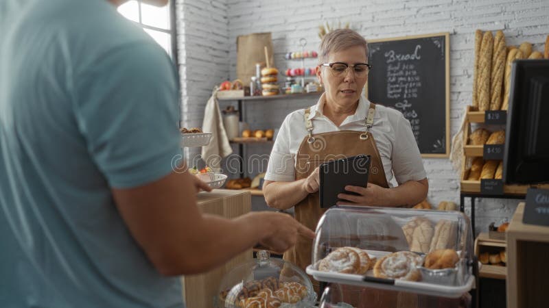 Woman Working with Tablet Behind Counter in Bakery while Man Points at Display Case with ...